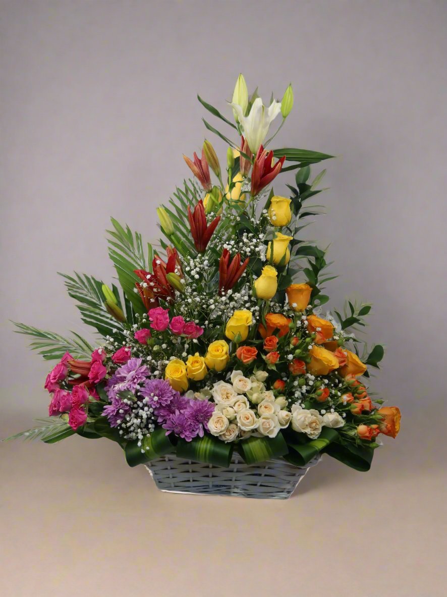 Mixed Flower Basket Arrangement with Lilies, Roses, and Chrysanthemums ...